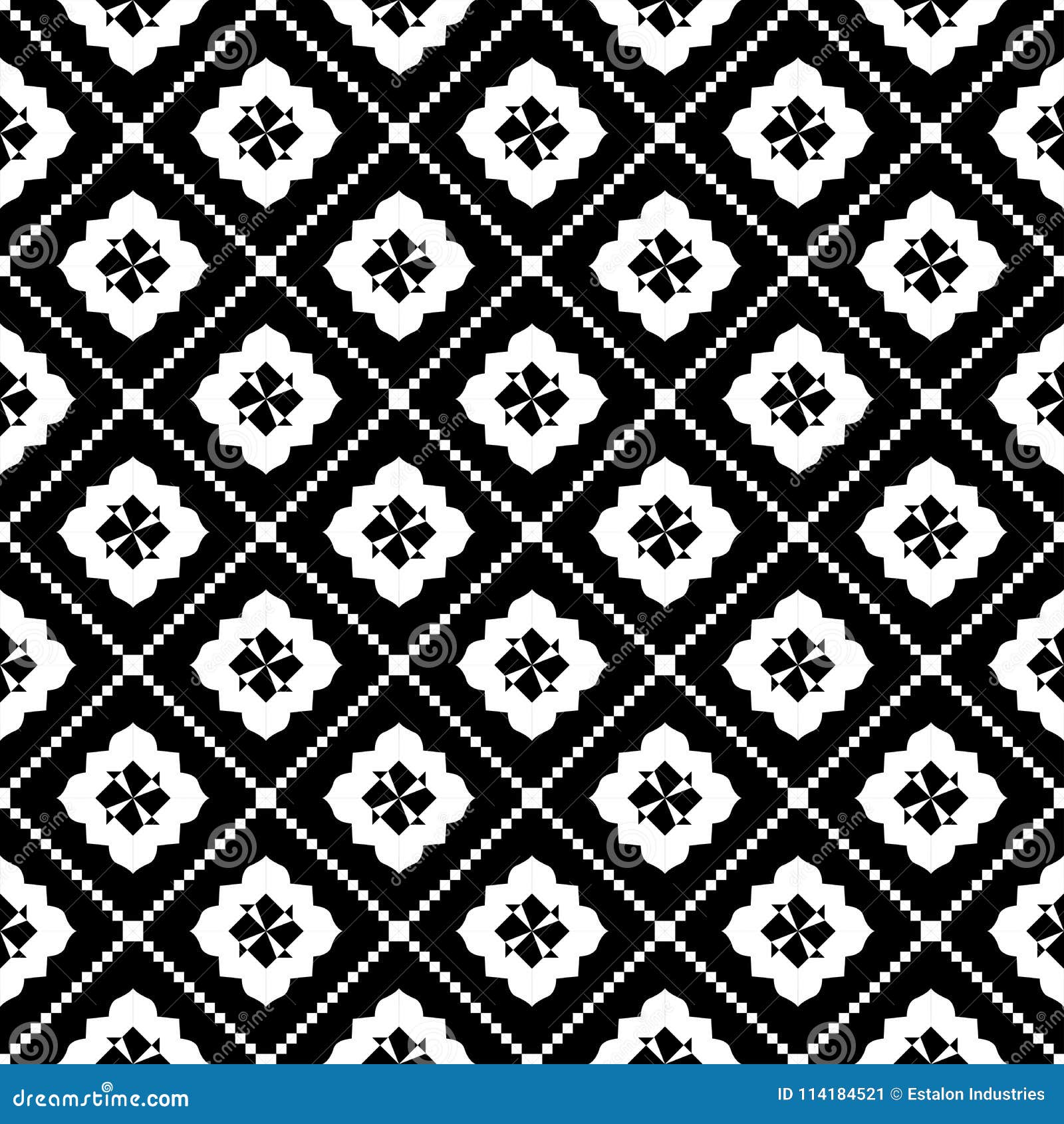 White on Black Geometric Tile with Diamond Line Seamless Repeat Pattern ...