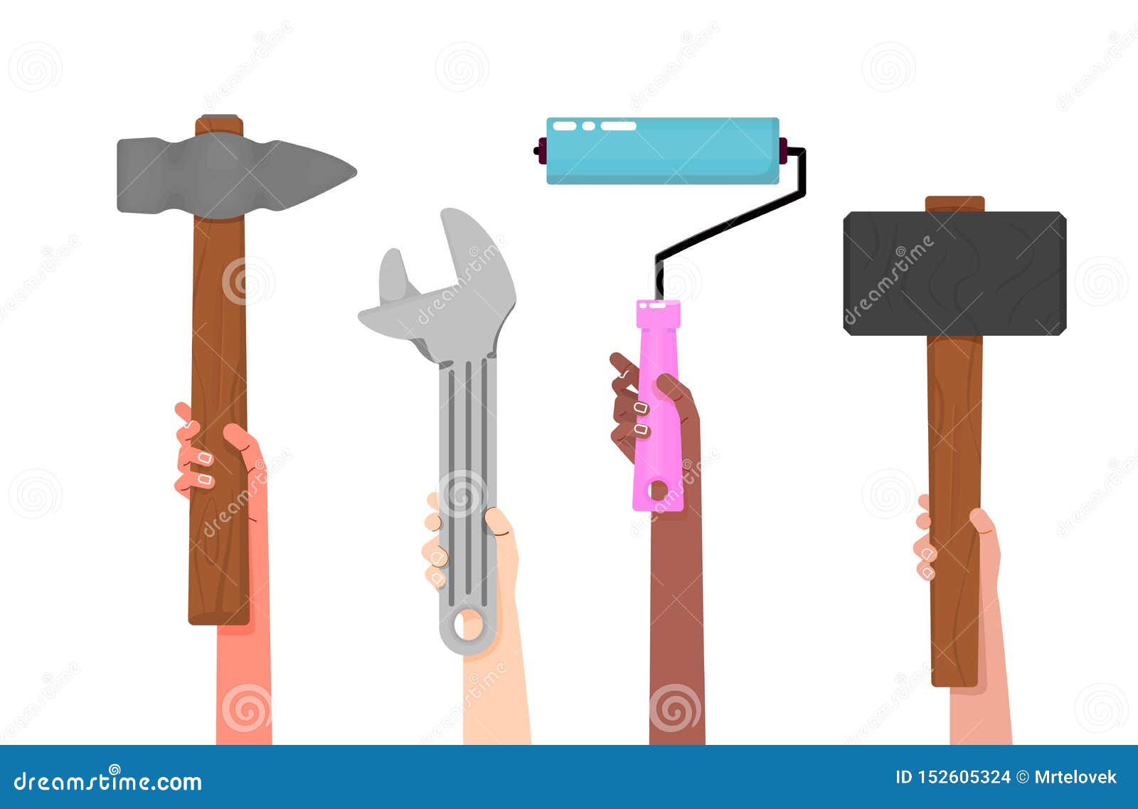 White and Black Hands Hold Tools, Flat Style. Stock Vector ...