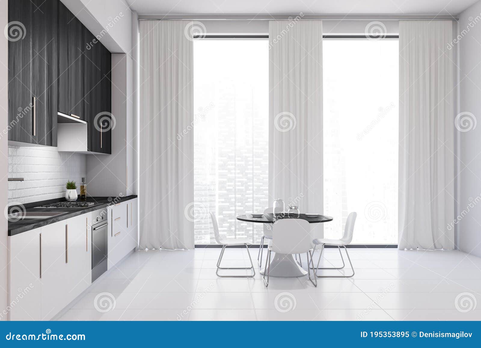 White and Black Kitchen, Side View Stock Illustration - Illustration of ...