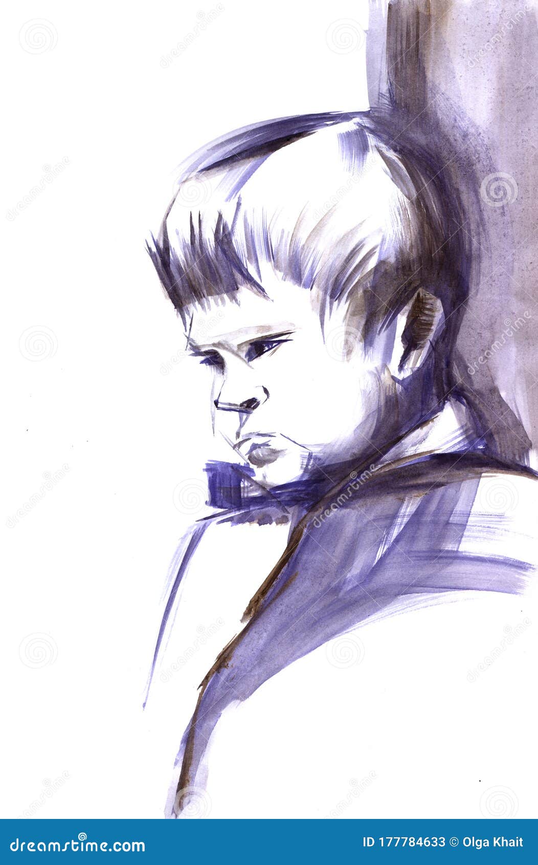 White and Black Portrait Sketch of Small Boy with Discontented ...