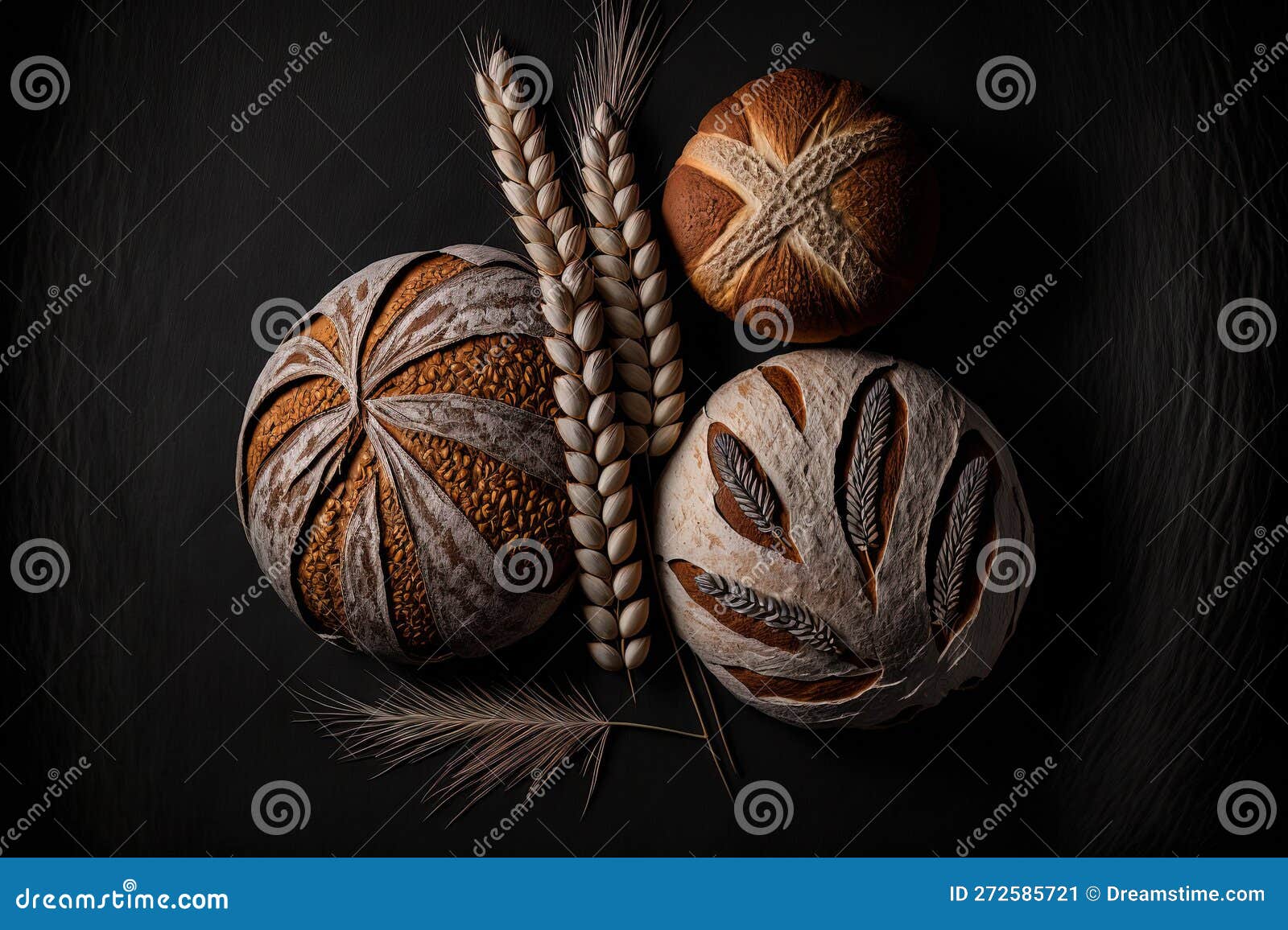 White, Black, and Rye Loaves are Seen in the Top View Against a Dark ...