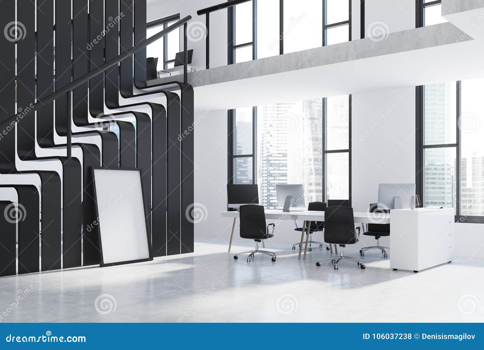 Two Storey White Kitchen Interior With Island And Table Stock Image ...