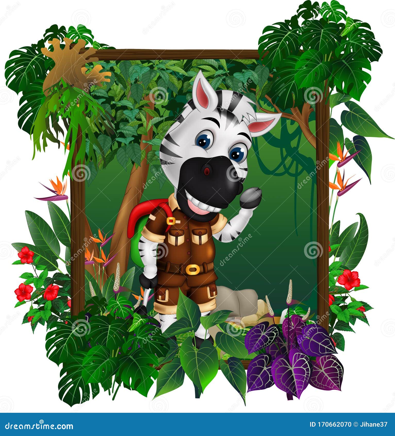 White Black Zebra in Forest with Wood Square Frame Cartoon Stock ...