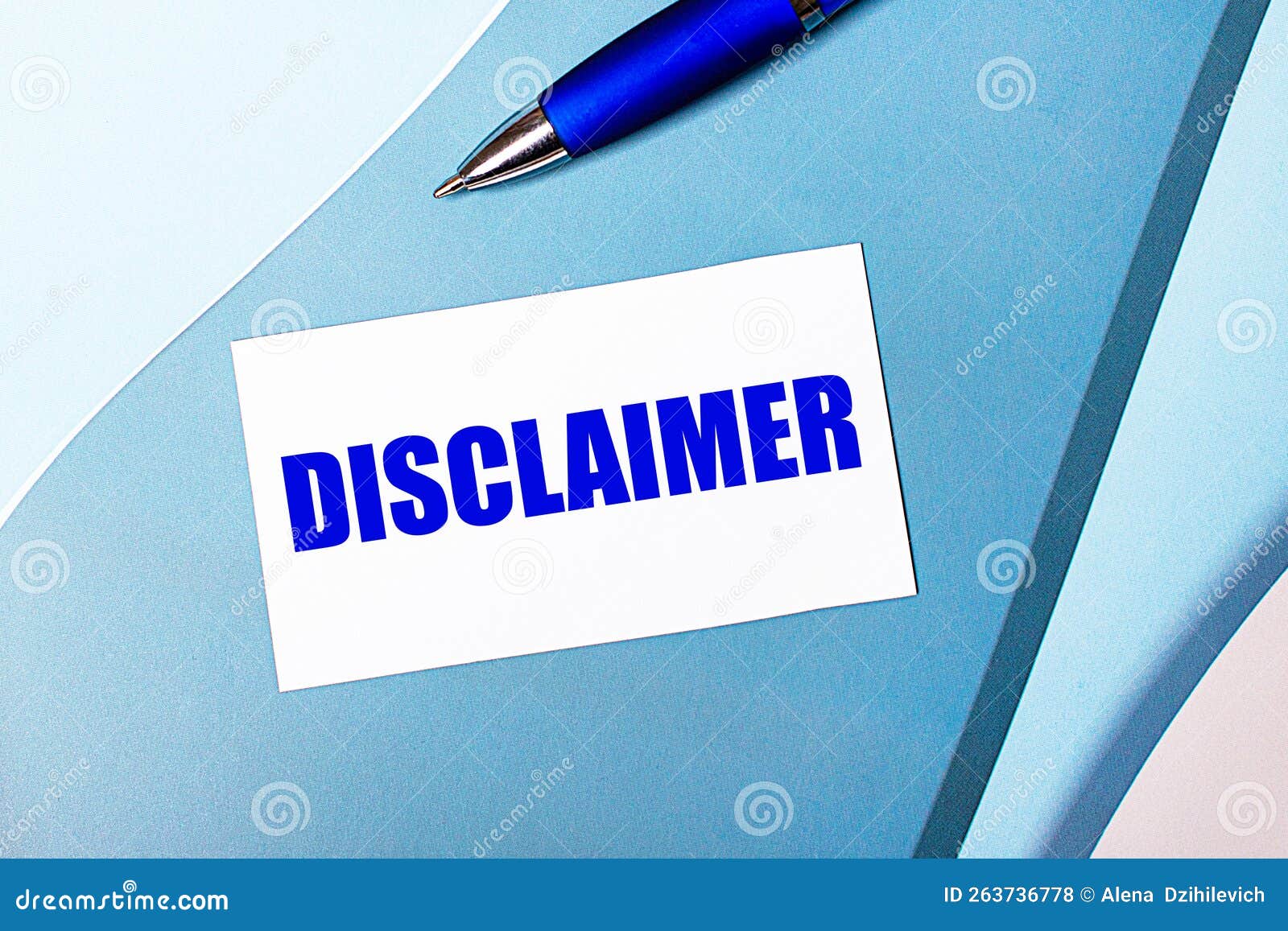 White Blank Card with DISCLAIMER Text and Blue Pen on Blue, Cyan and ...