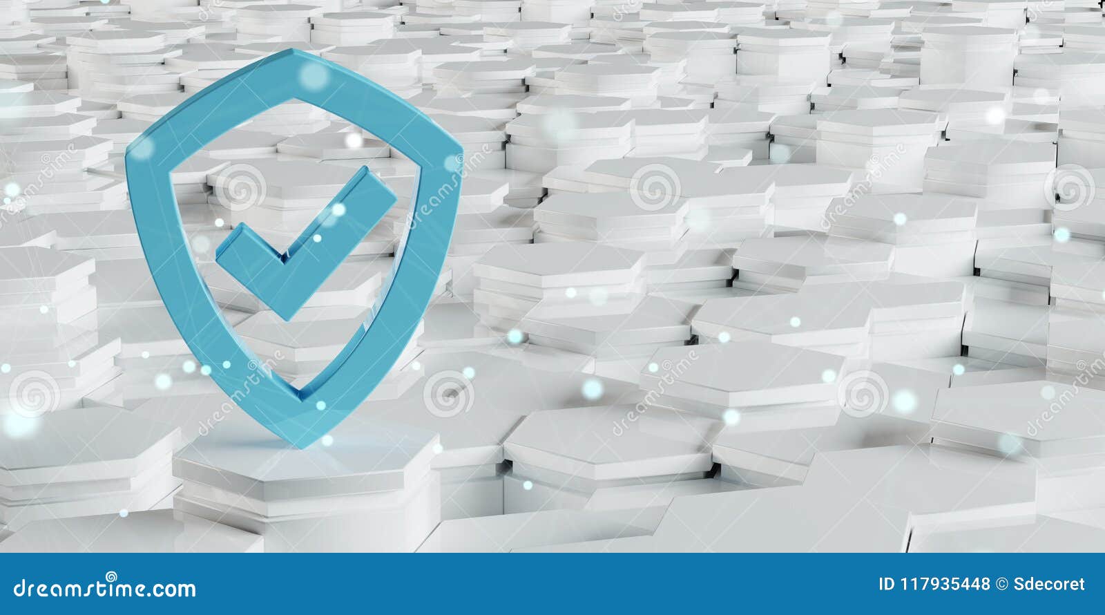 White Blue Shield Icon on Hexagons Background 3D Rendering Stock ...