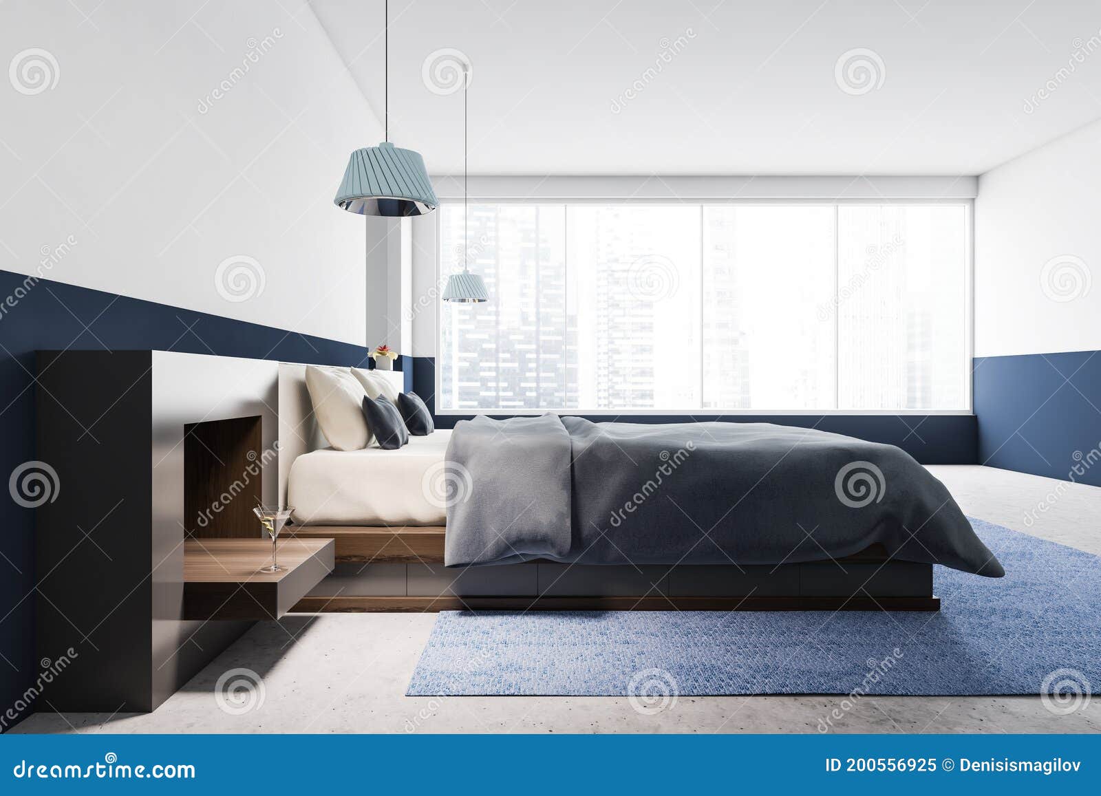 White and Blue Bedroom Interior, Side View Stock Illustration ...