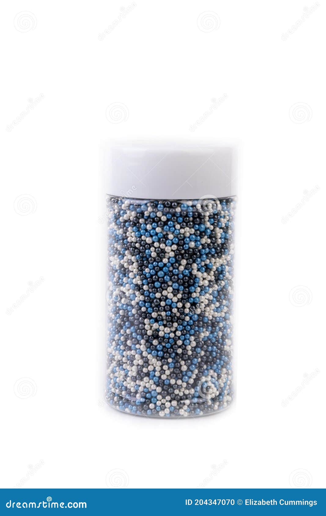 White Blue and Black Sprinkles in a Container Isolated Over White ...