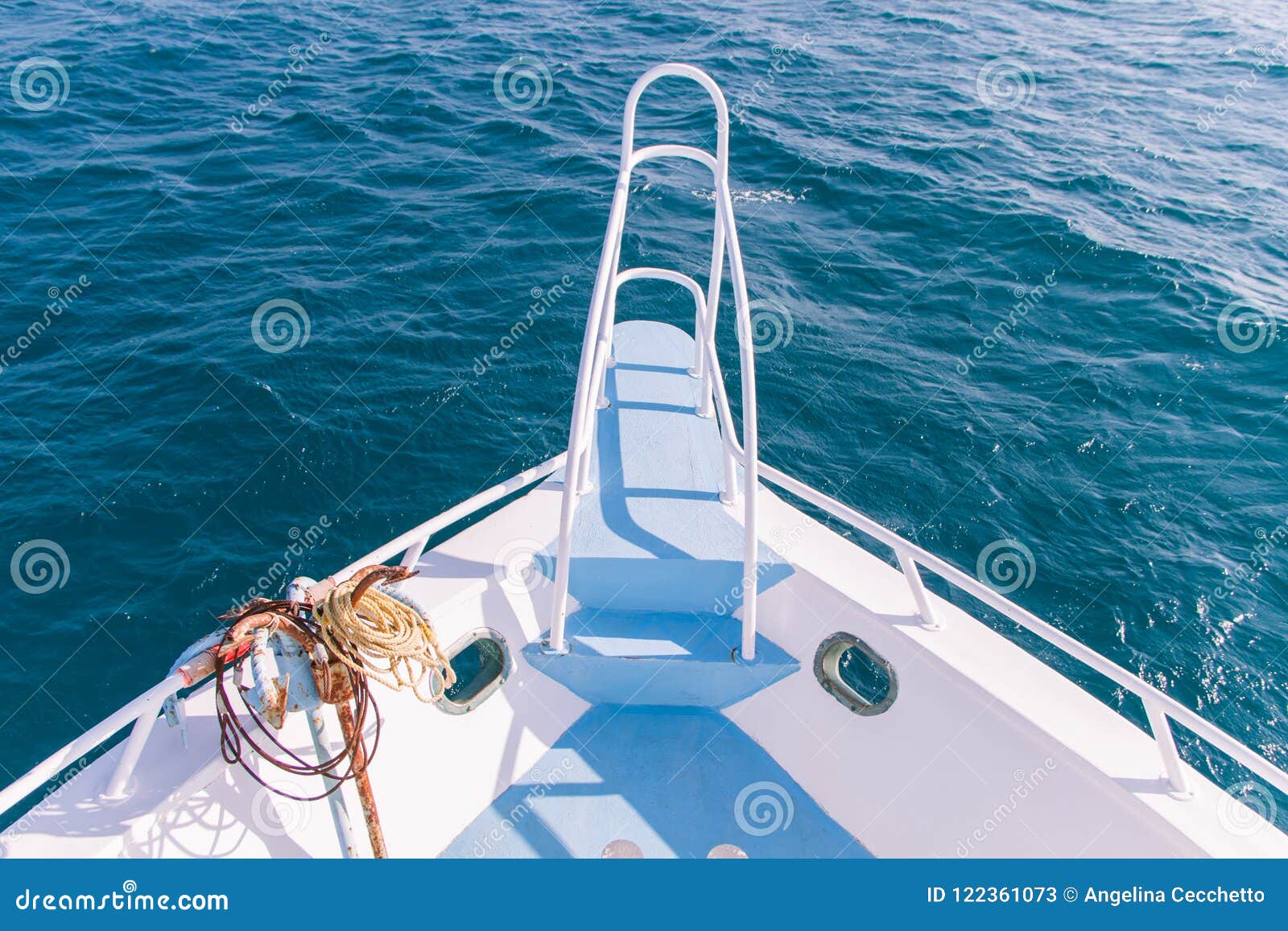White and Blue Boat Bow and Pullpit with Rusty Anchor and Blue S Stock ...