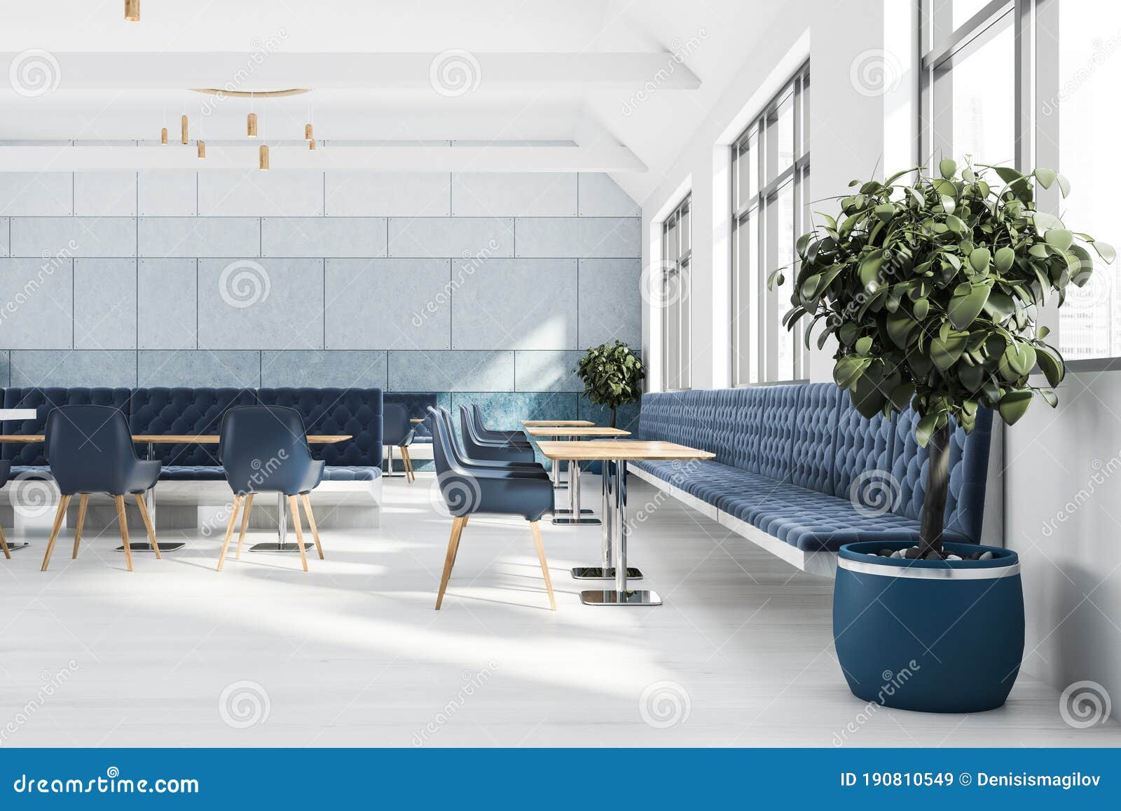 White and Blue Cafeteria Interior with Sofa Stock Illustration ...