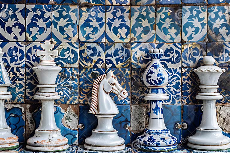 White and Blue Chess Pieces Standing on Decorative Tile Background ...
