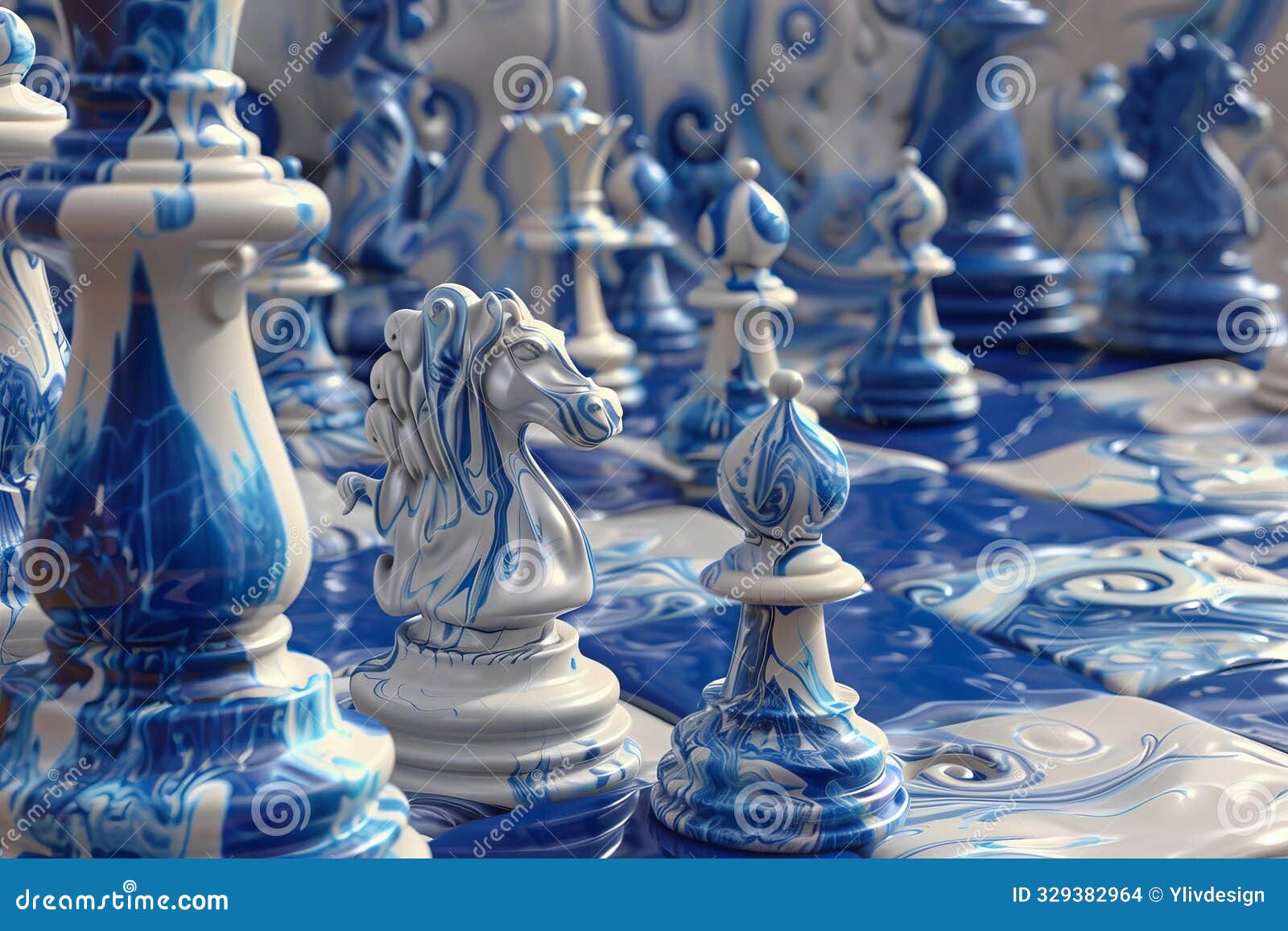 White and Blue Chess Set Standing on a Blue and White Chessboard Stock ...