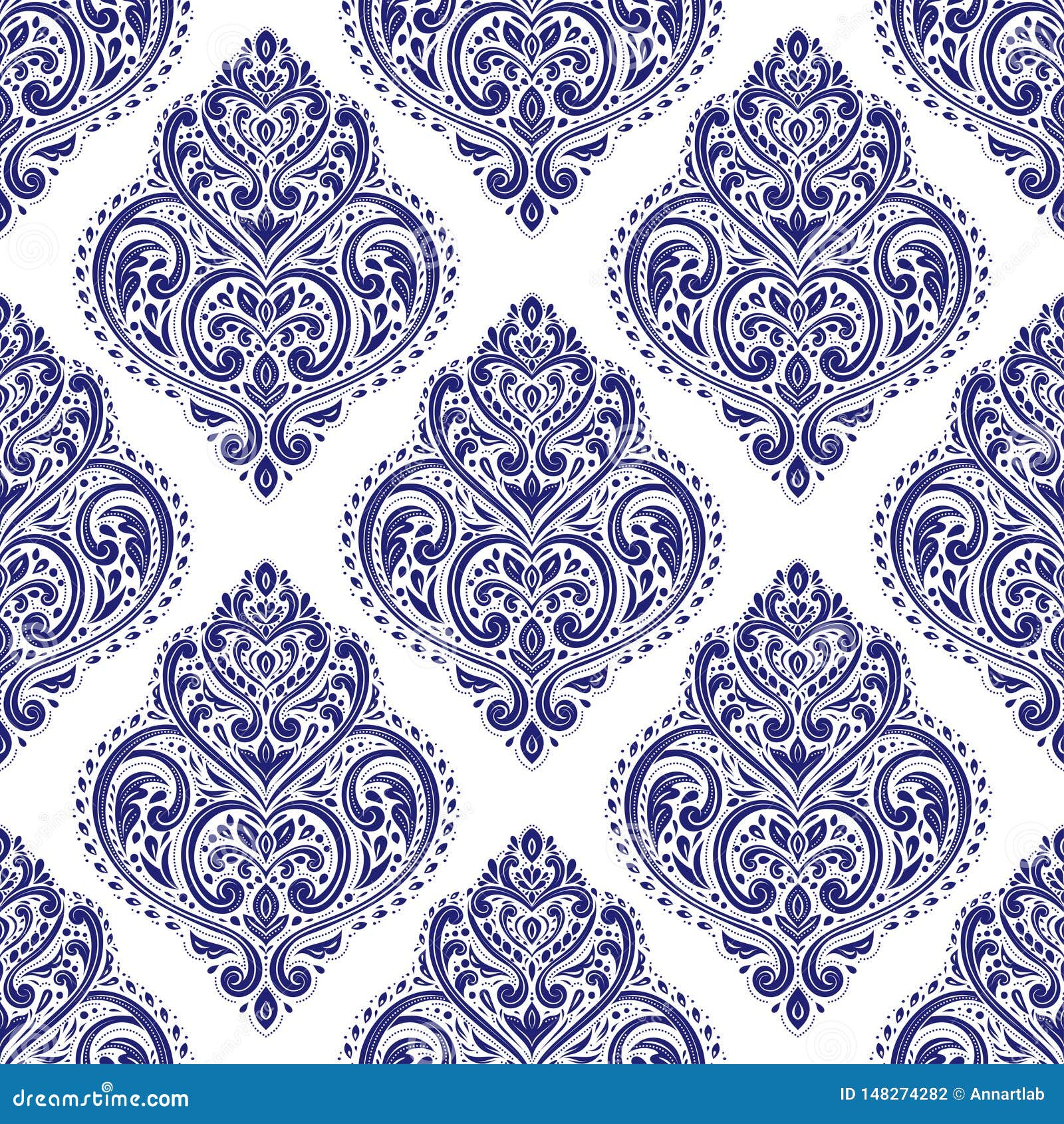 White and Blue Damask Seamless Pattern. Stock Vector - Illustration of ...