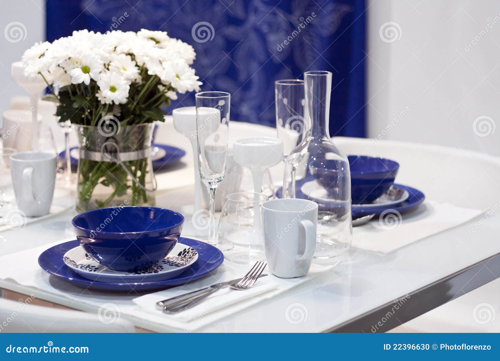 White and Blue Dining Table Stock Photo - Image of banquet, dish: 22396630