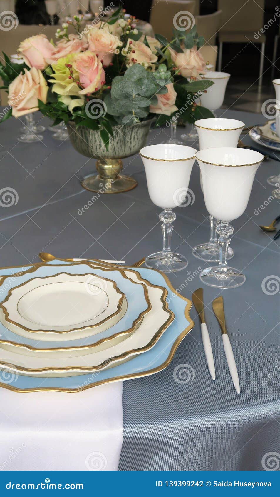 Close-up of White-blue Dinnerware Stock Photo - Image of house ...