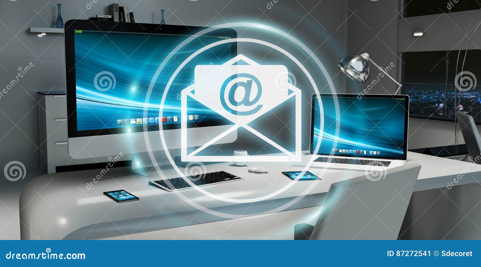 White and Blue Email Flying Over Desktop 3D Rendering Stock ...