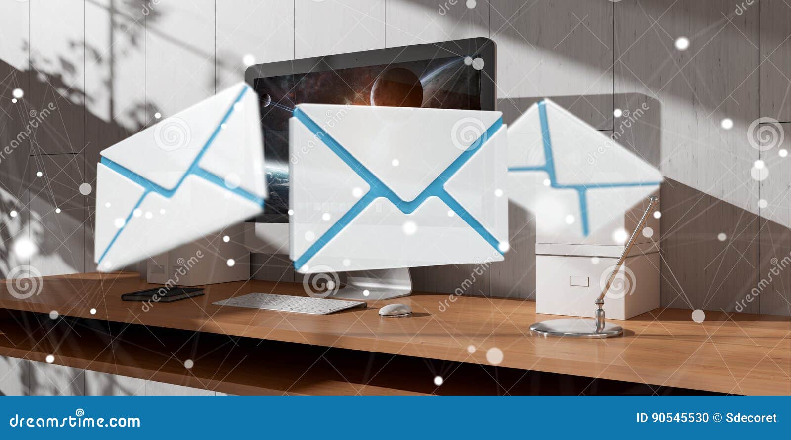 White and Blue Email Flying Over Desktop 3D Rendering Stock ...