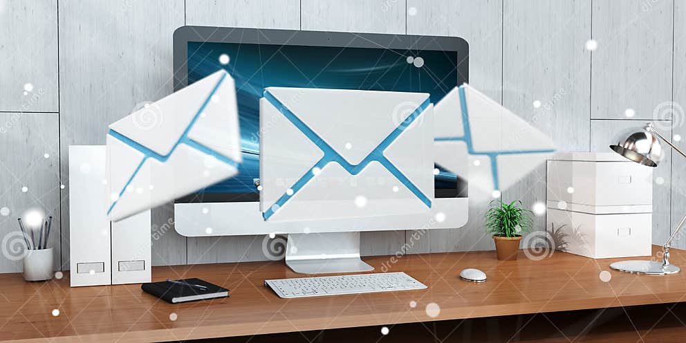 White and Blue Email Flying Over Desktop 3D Rendering Stock ...