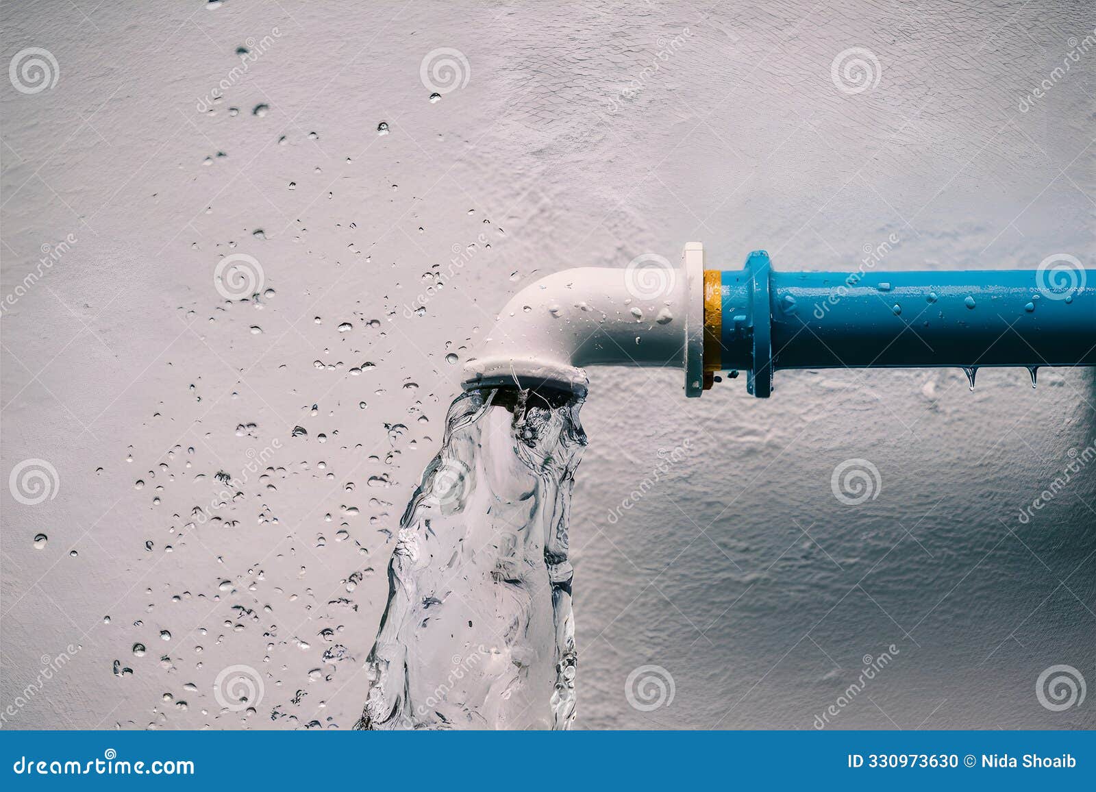 White and Blue Pipe System Leaking from Joint, Droplets Against White ...