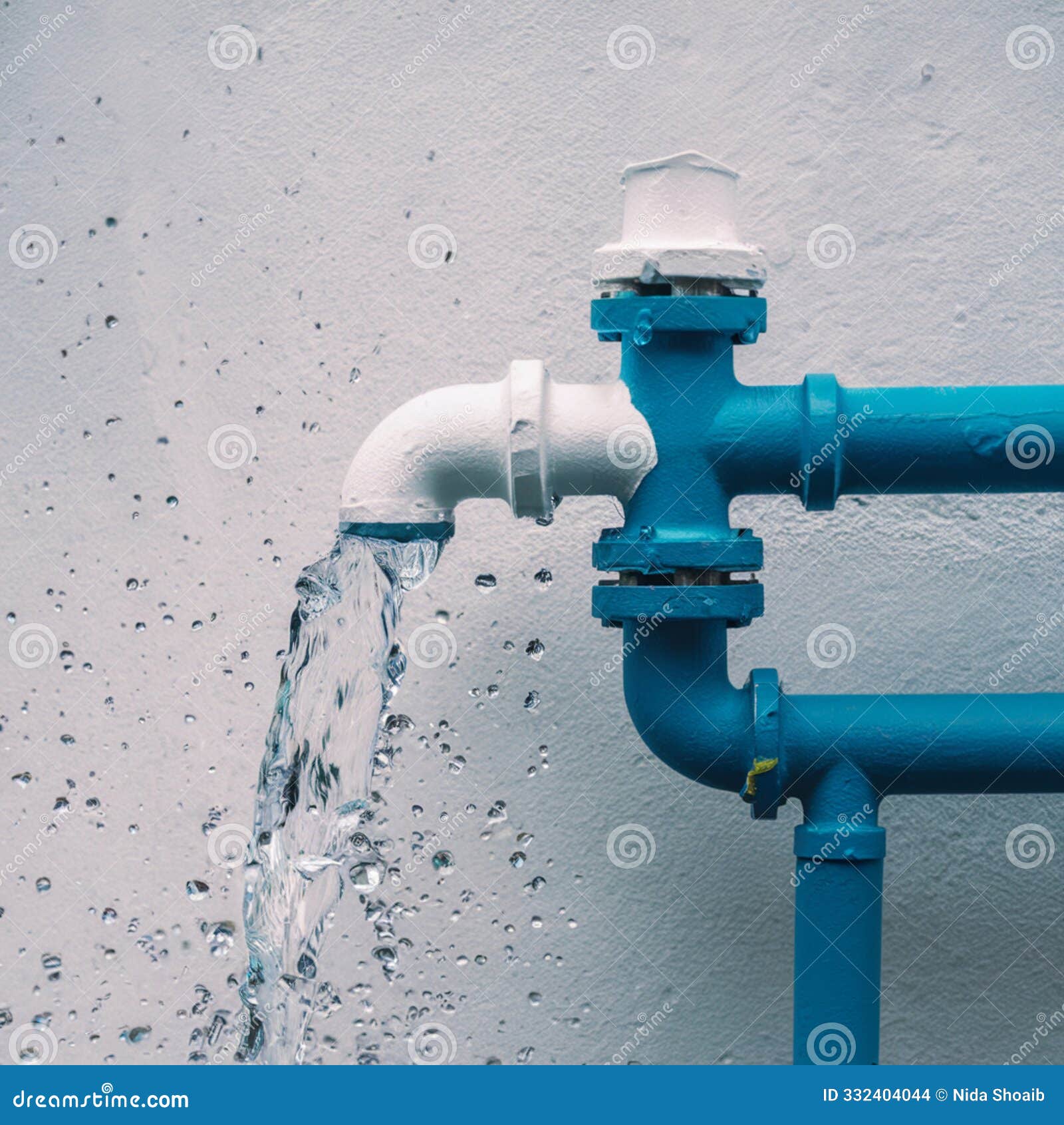 White and Blue Pipe System with Leaking Joint, Droplets Captured Mid ...
