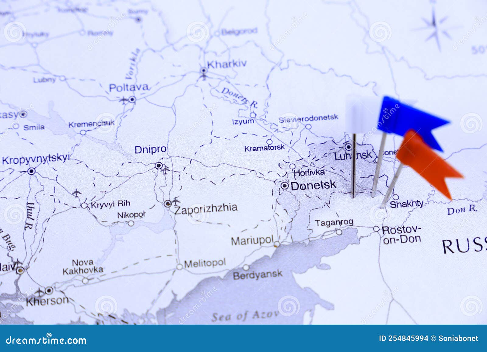 White, Blue and Red Pointing Flags on Russian Border on Map Stock Photo ...