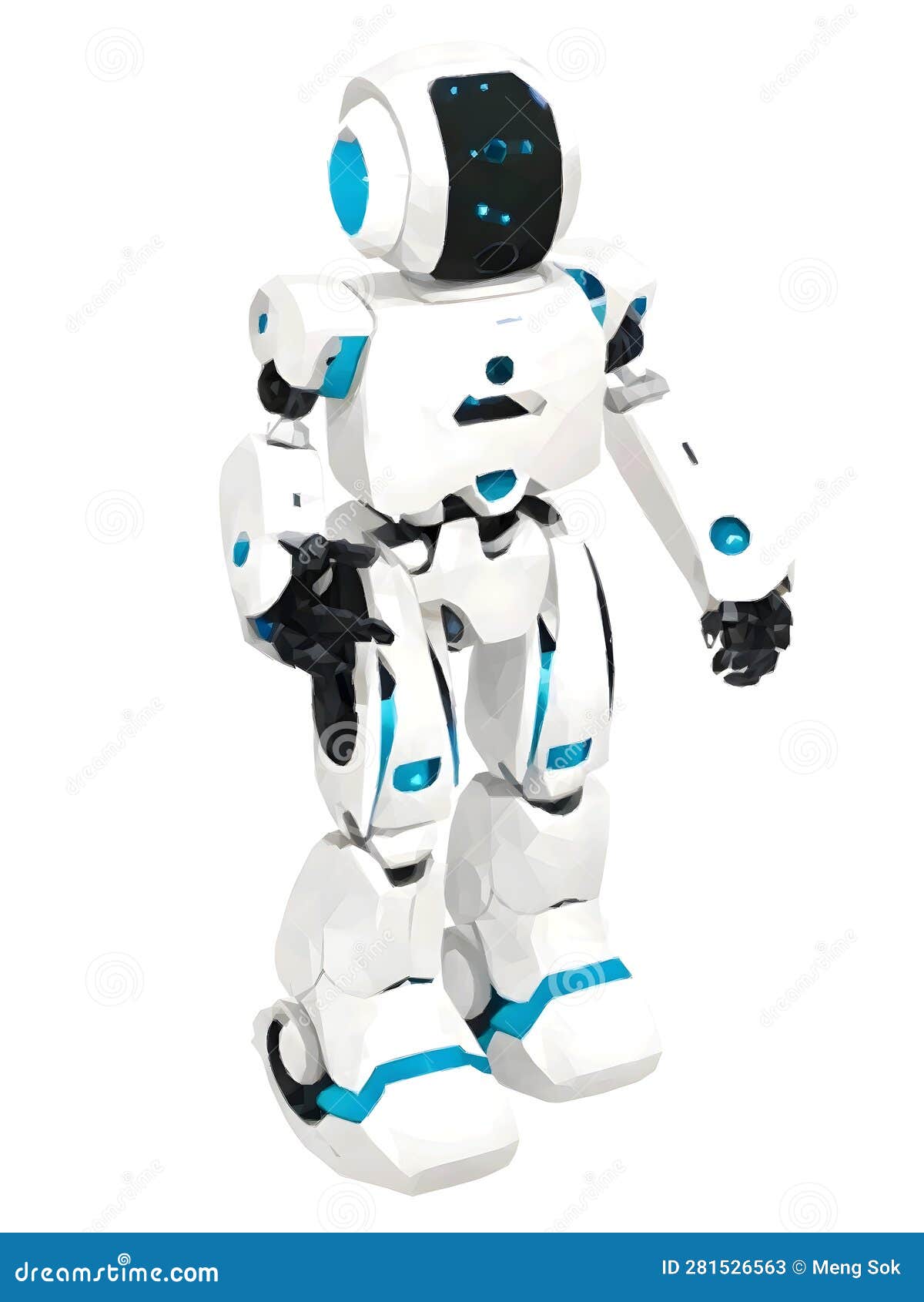 A White and Blue Robot Standing on a White Surface, Friendly Humanoid ...