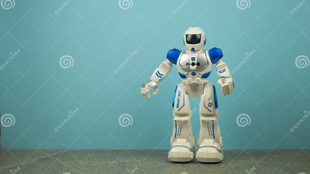 White with Blue Robot Stickers on Blue Background Stock Photo - Image ...