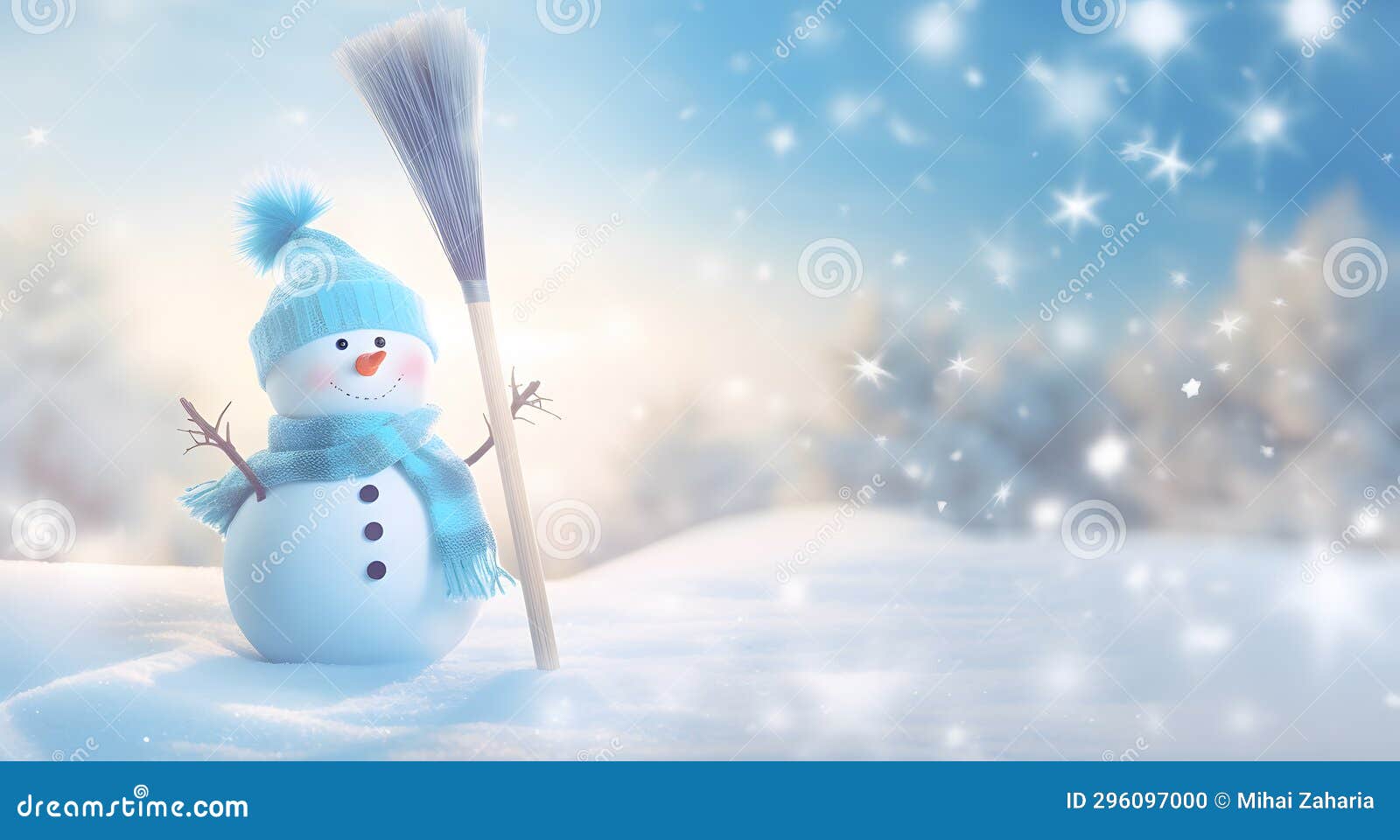 White and Blue Snowman with Broom in Bokeh Panorama Stock Illustration ...