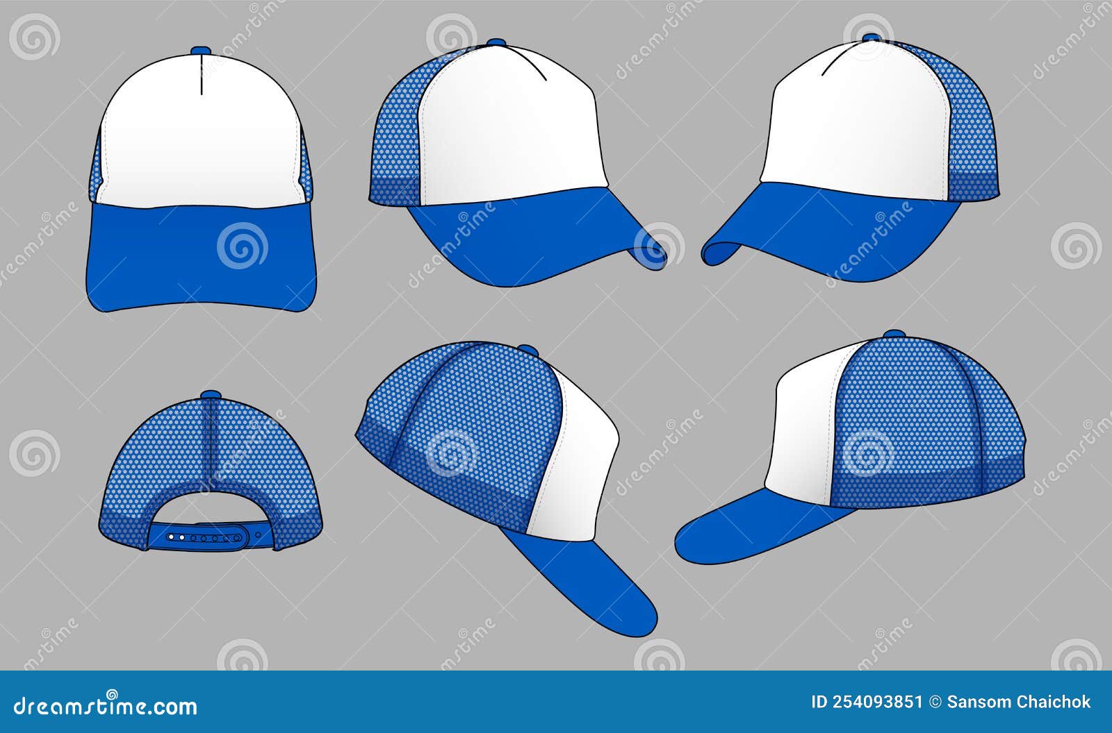 White-Blue Trucker Cap with Mesh Side and Back Panels and Adjustable ...