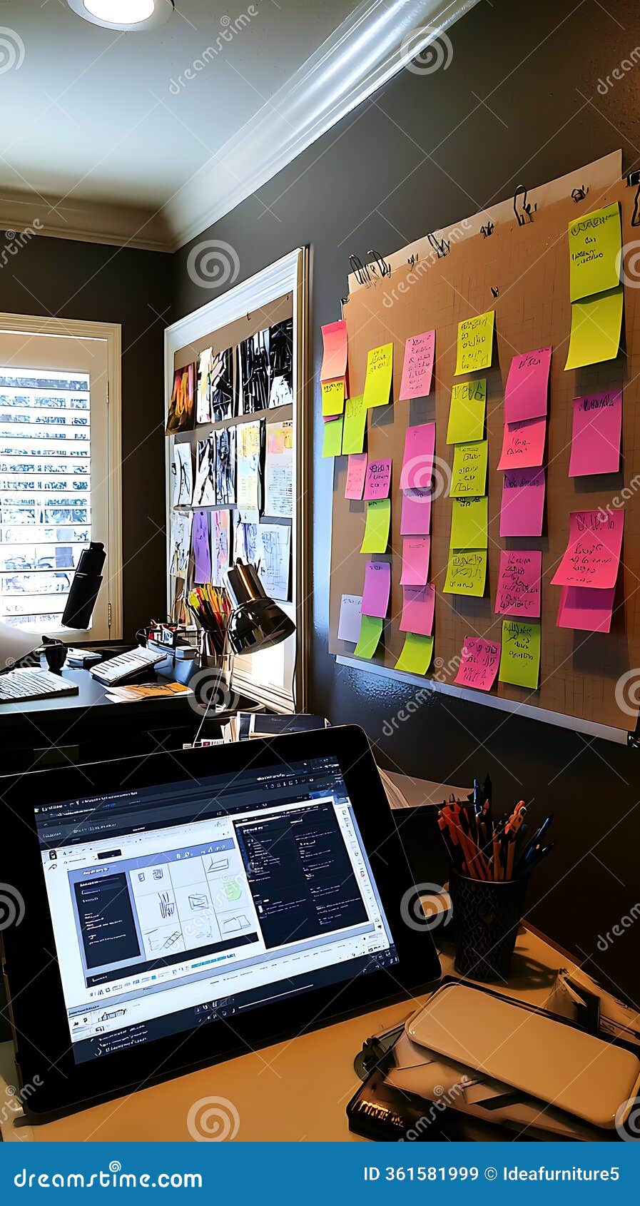 A White Board with a Bunch of Colorful Sticky Notes on it Stock ...