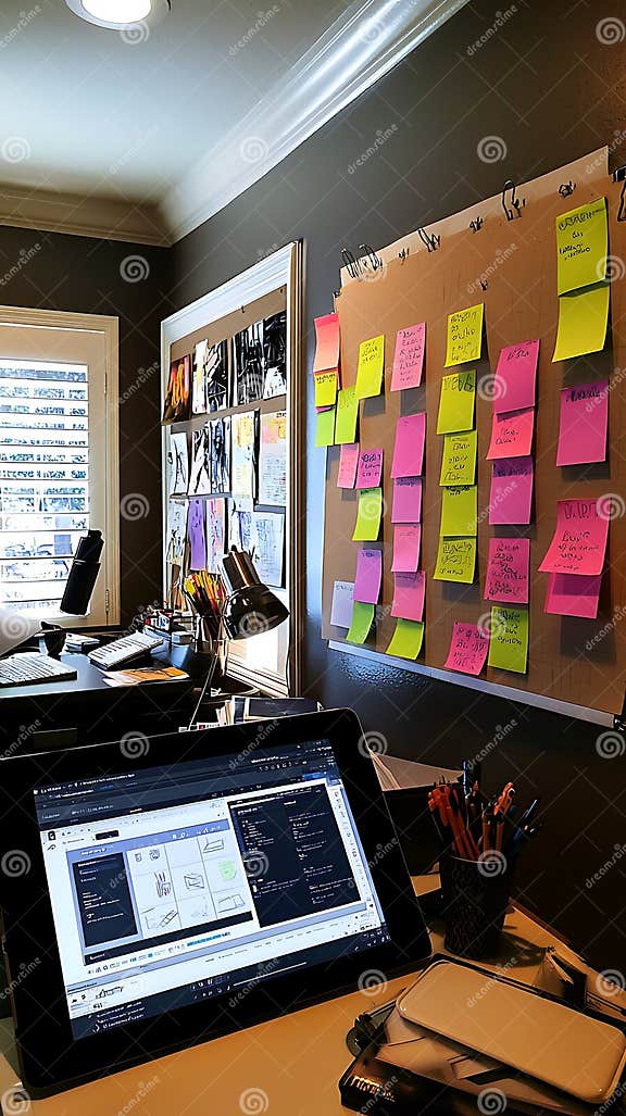 A White Board with a Bunch of Colorful Sticky Notes on it Stock ...