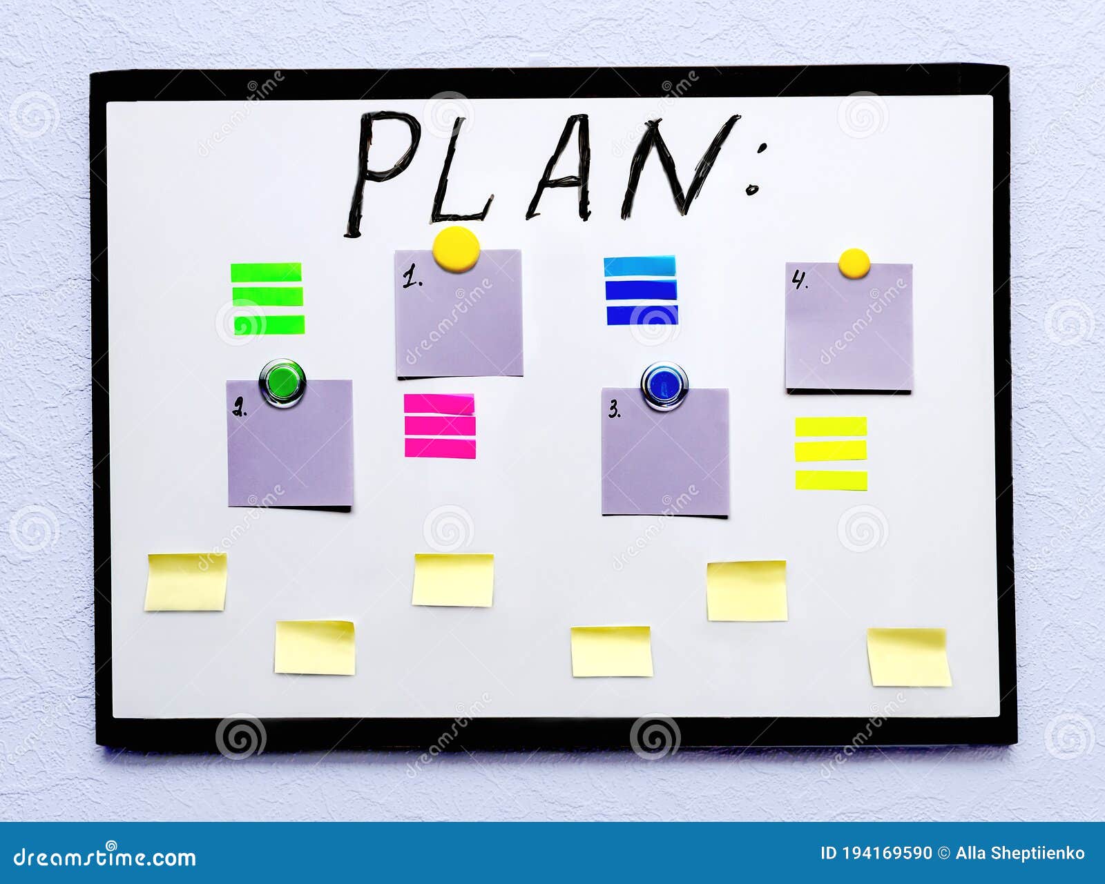 White Board with a Plan and Colored Sheets of Paper for Notes, on a ...