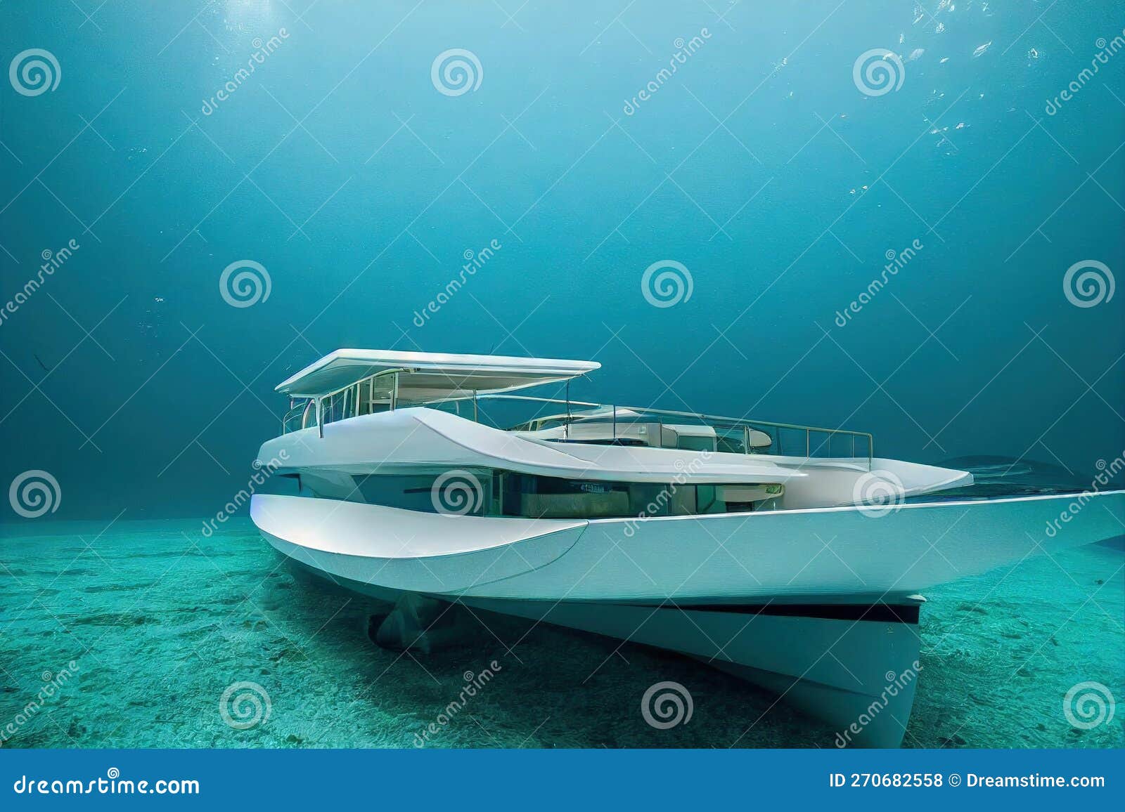 White Boat at the Bottom of the Ocean Diver Underwater View on a Blue ...