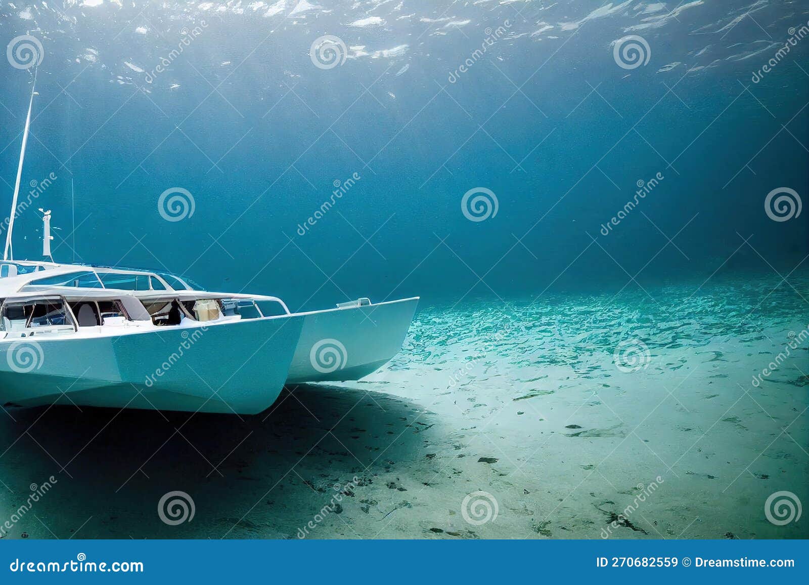 White Boat at the Bottom of the Ocean Diver Underwater View on a Blue ...