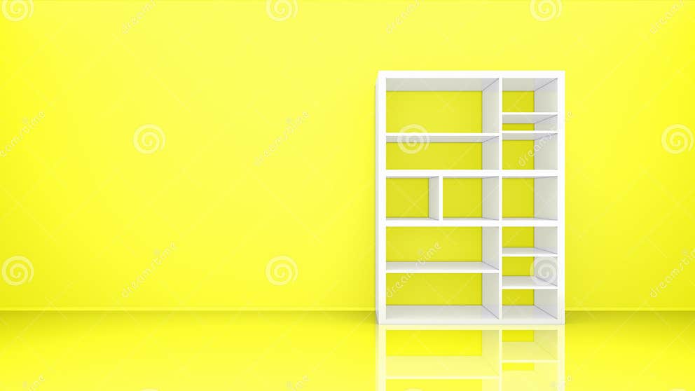 White Bookshelf Isolated on Yellow Solid Wall Background. Stock ...