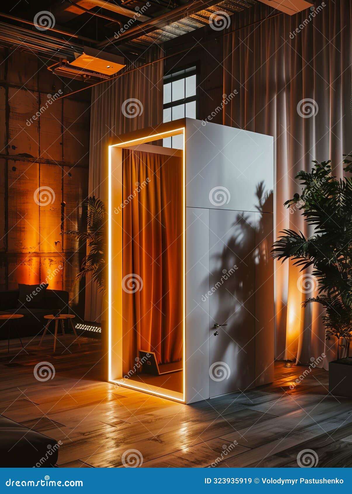 A White Booth with an Orange Light in it Stock Image - Image of open ...