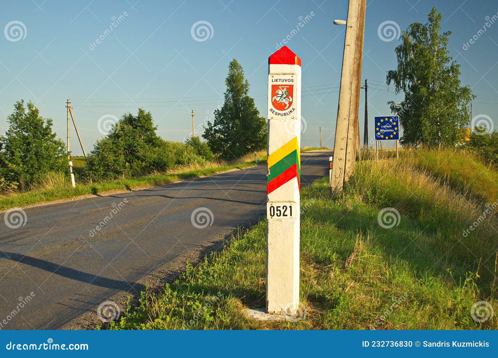 White Border Post with Lithuanian Flag and Coat of Arms on the Border ...