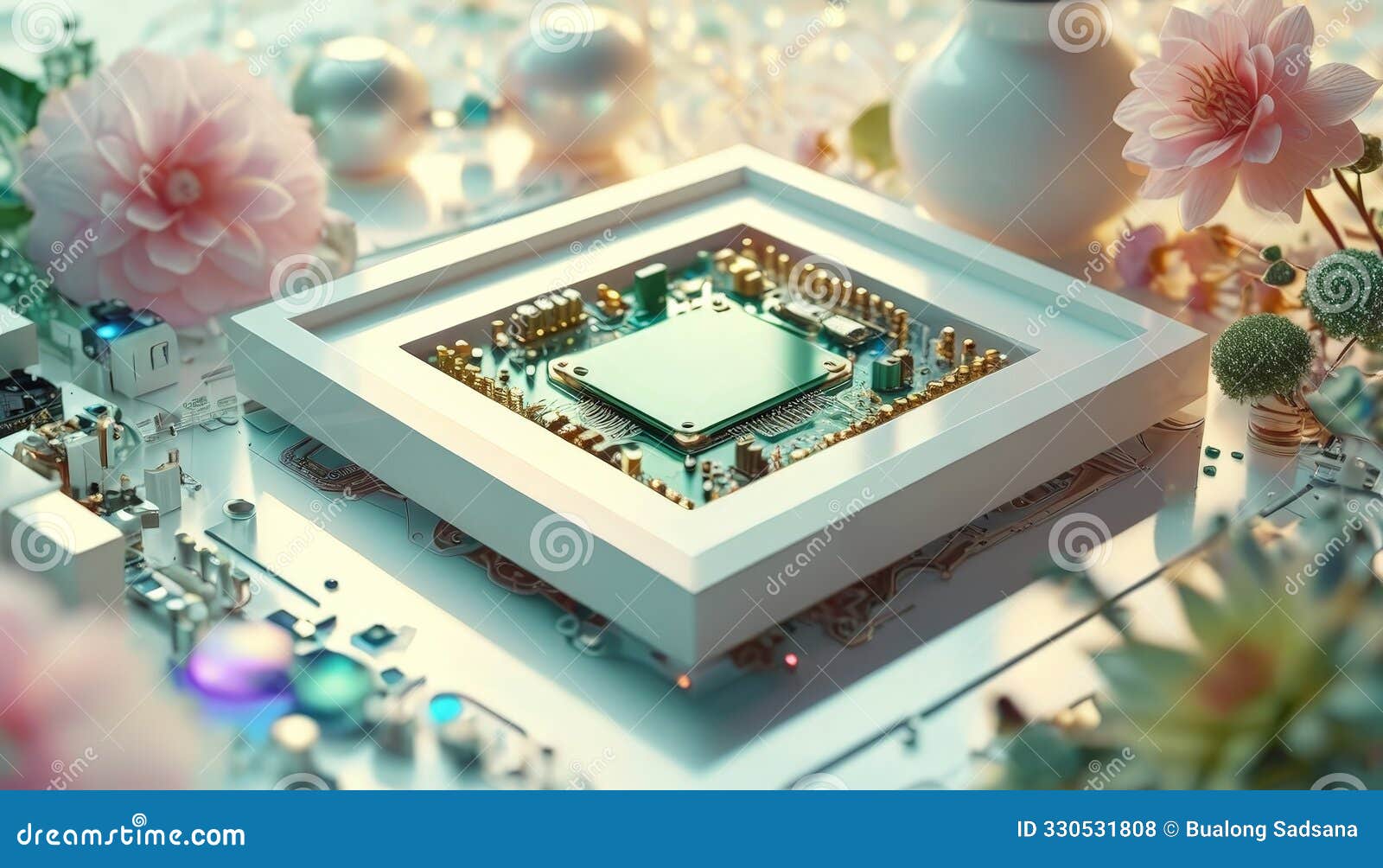 White Box with Green Screen Inside Surrounded by Flowers Stock ...