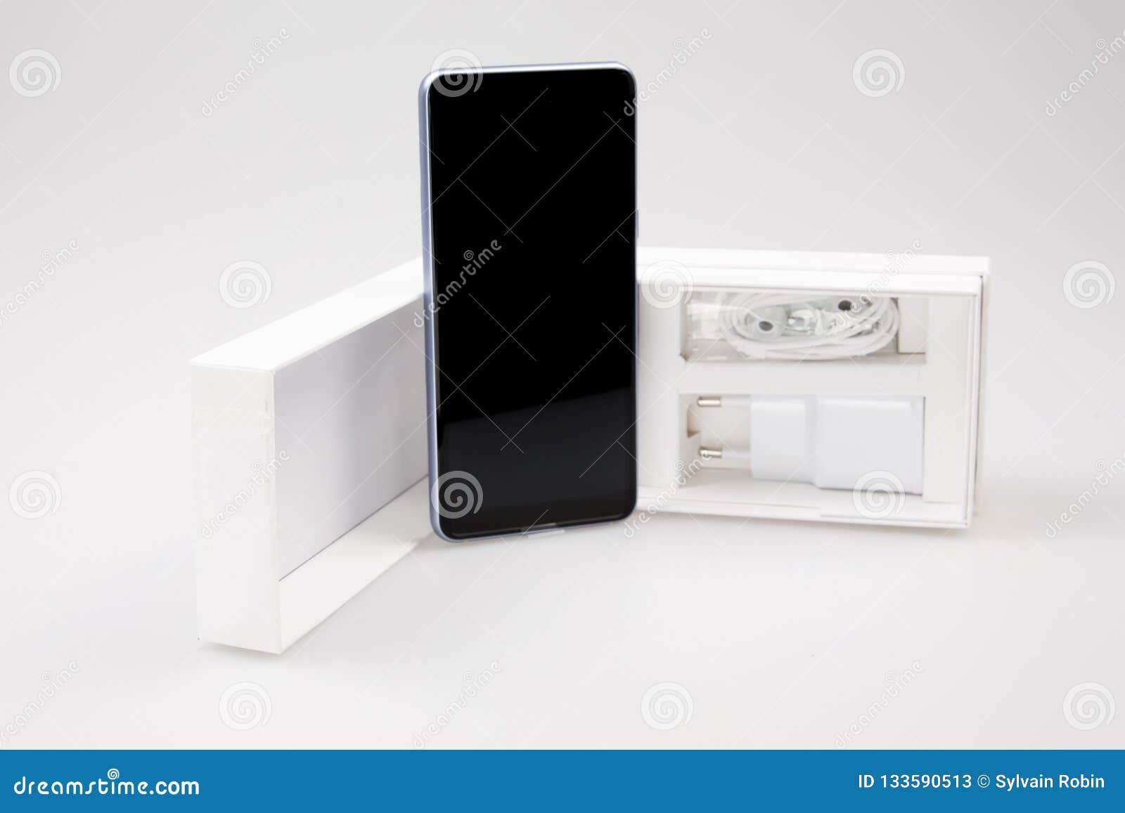 White Box of New Smartphone Cell Phone Isolated on Clear Grey ...