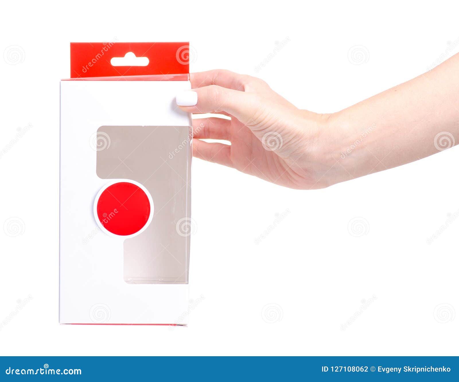 White box with red in hand stock photo. Image of close - 127108062