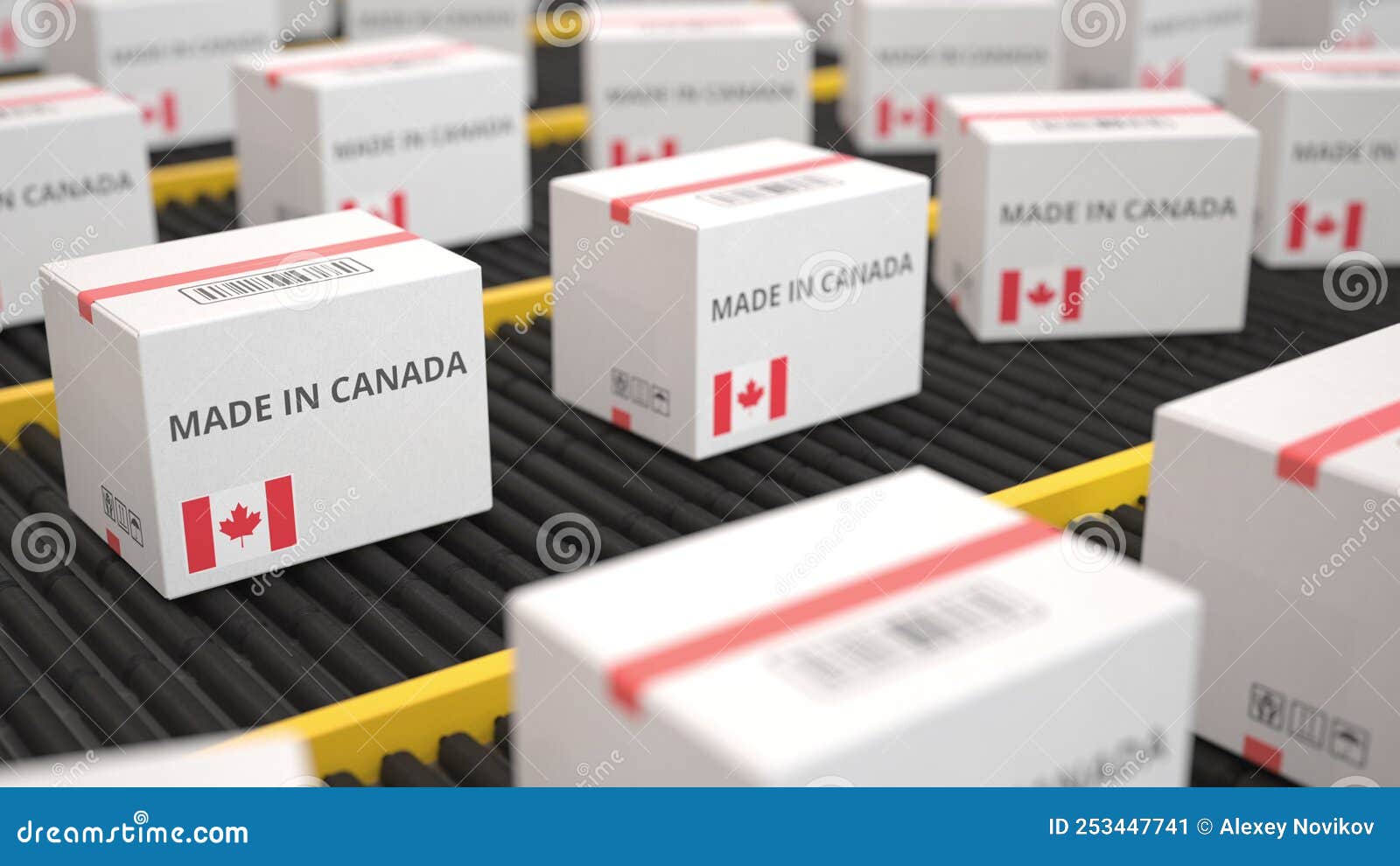MADE in CANADA Text on White Cartons Moving Along the Conveyor. 3D ...
