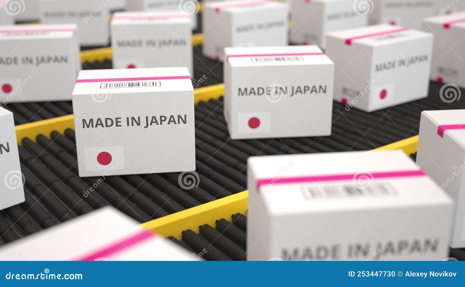 MADE in JAPAN Text on White Cartons Moving Along the Conveyor. 3D ...
