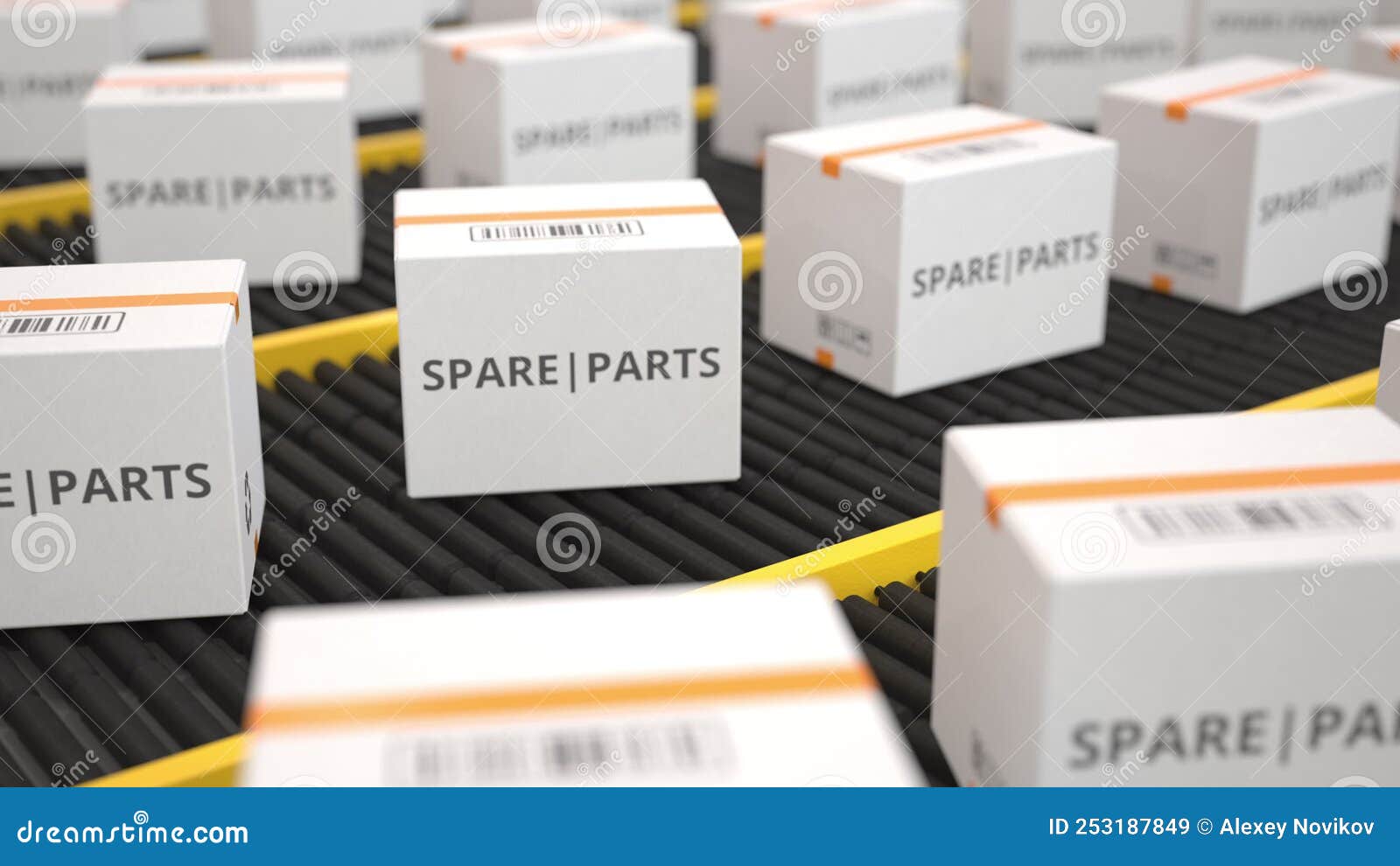 White Boxes with SPARE PARTS Text on Conveyor. Seamless Loopable 3D ...
