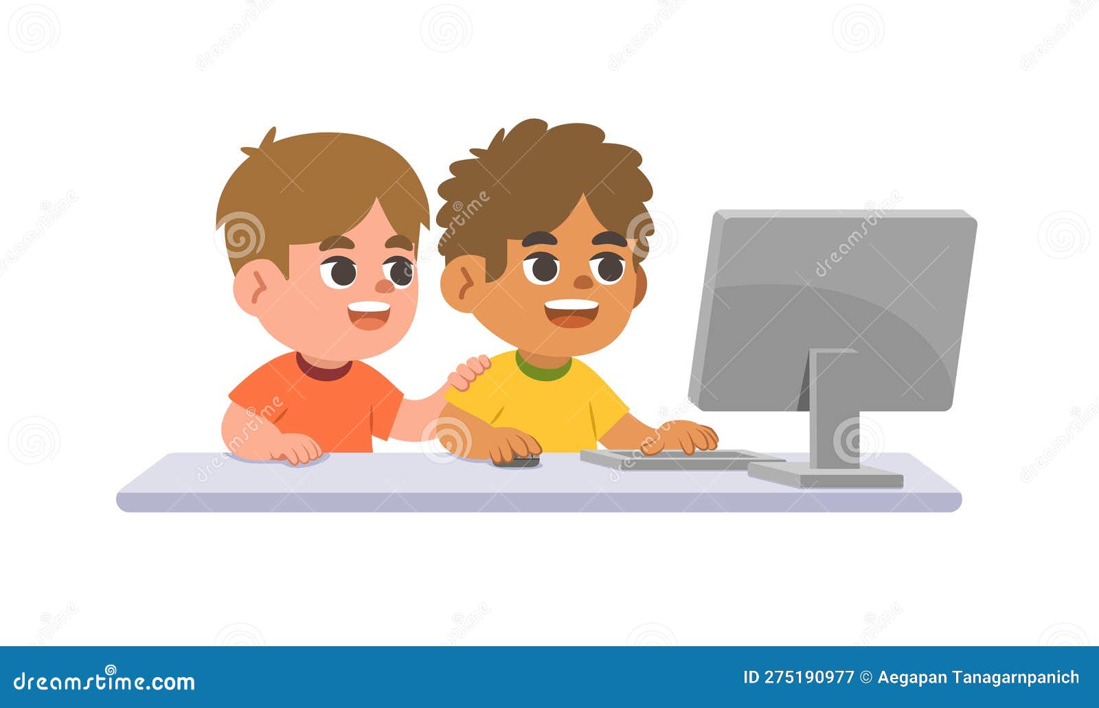 A White Boy and a Black Boy Using the Computer on the Desk ...