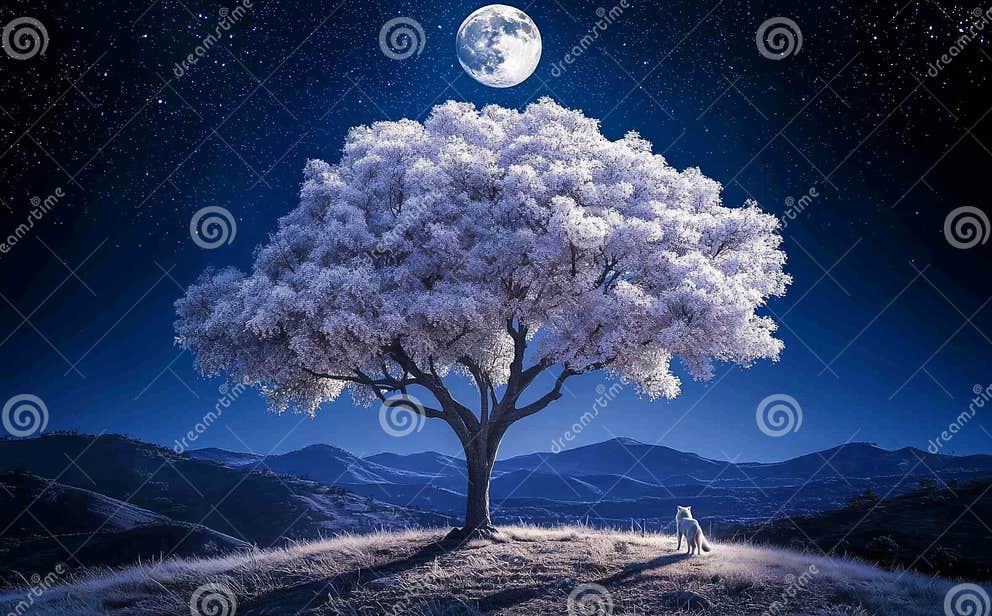 The White Branches of a Ghost Tree Cast a Haunting Shadow by Moonlight ...