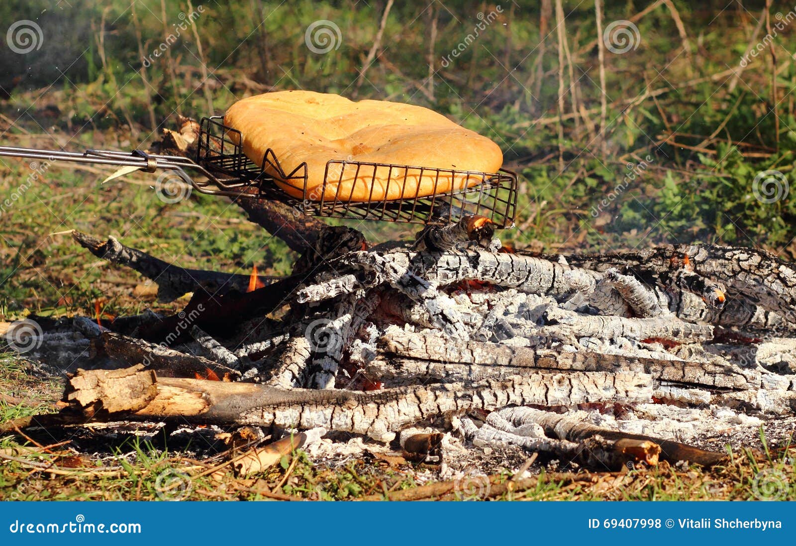White Bread Grilled Over an Open Fire, Grill Stock Photo - Image of ...