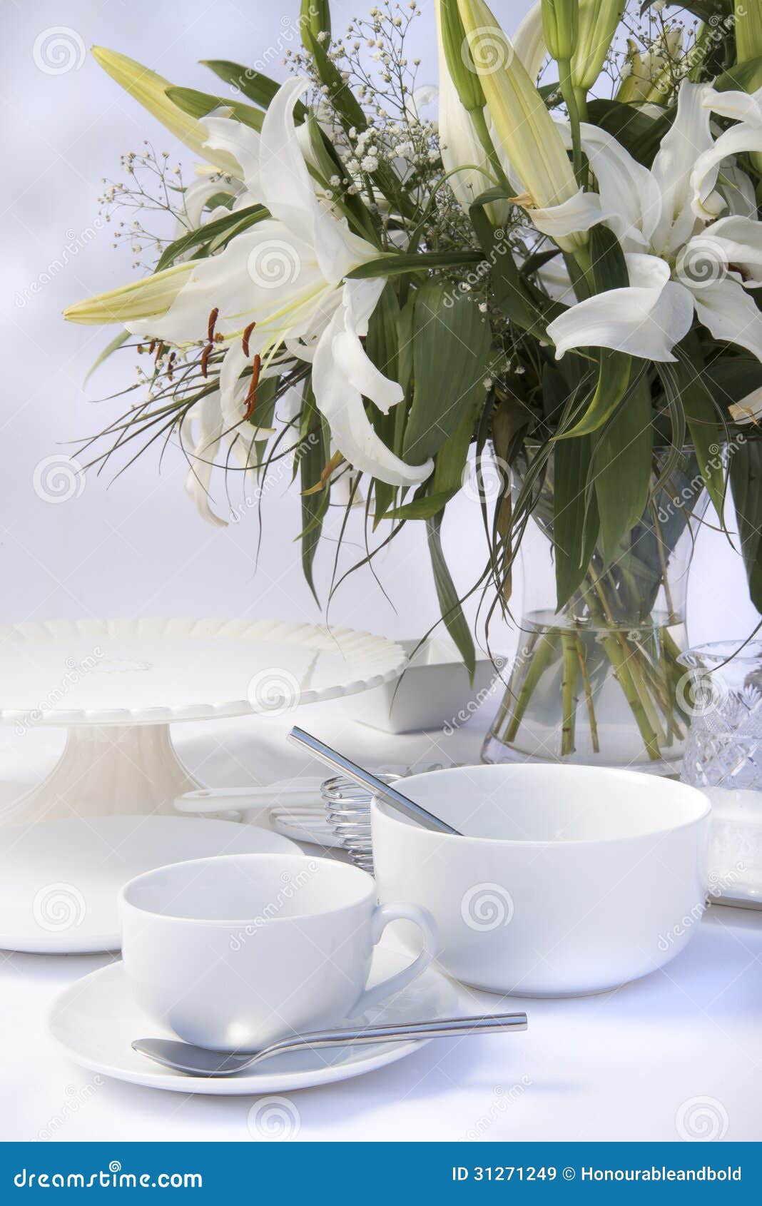 White Breakfast Table Setting with Lily Flowers Stock Image - Image of ...