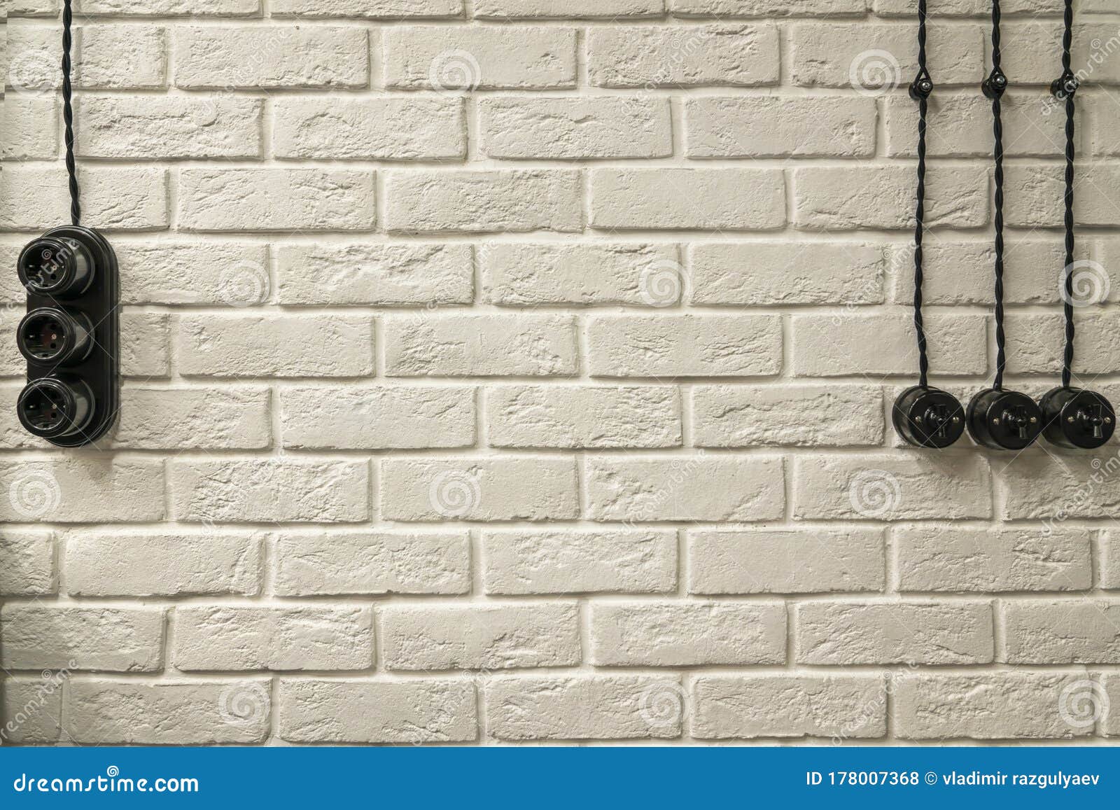 White Brick Textured Wall, with Sockets, Switches and Electrical Wiring ...