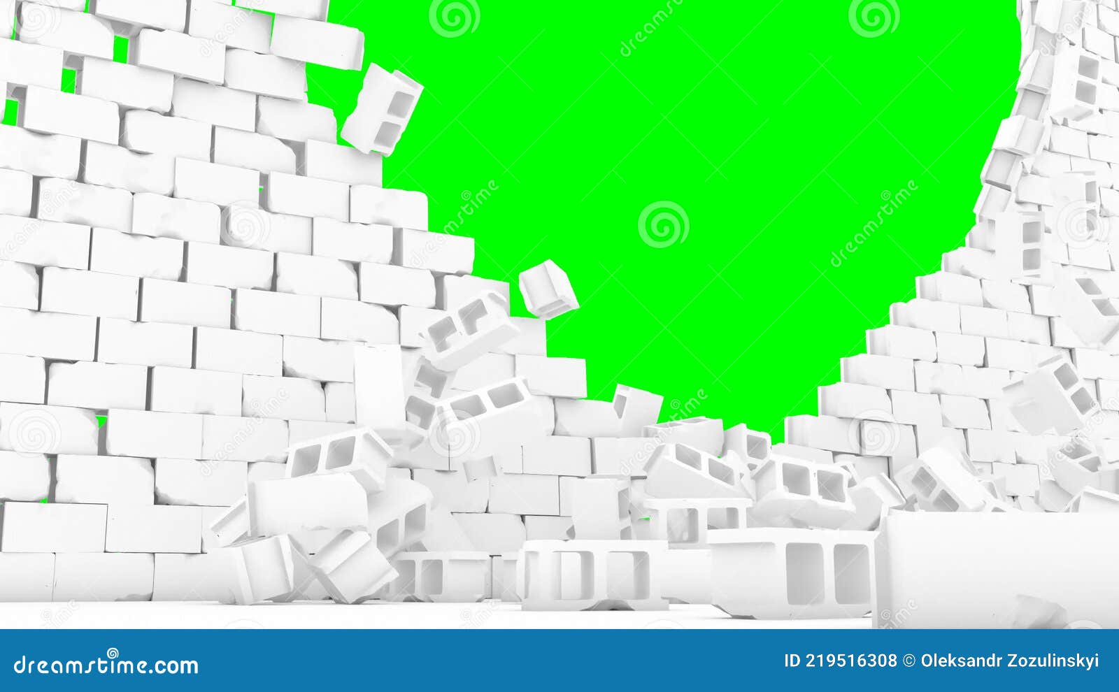 White Brick Wall Crack Destroy on Green Screen Building Concept Stock ...