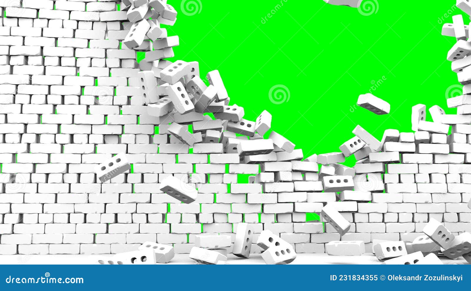 White Brick Wall Destroy on Green Screen 3d Stock Illustration ...