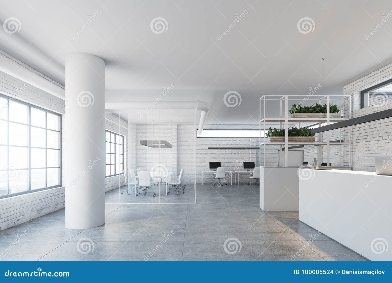 White Brick Wall Office, White Reception Desk Side Stock Illustration ...